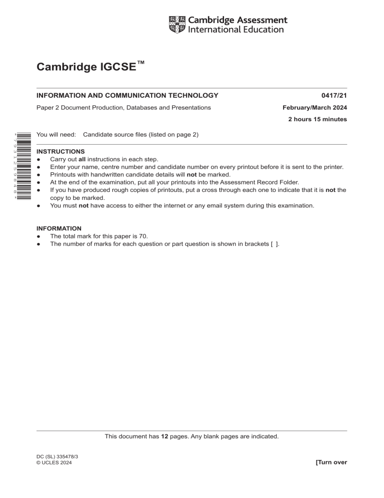 Cambridge IGCSE ICT Paper 2 (0417/21) Feb/Mar 2024 Exam Question Paper