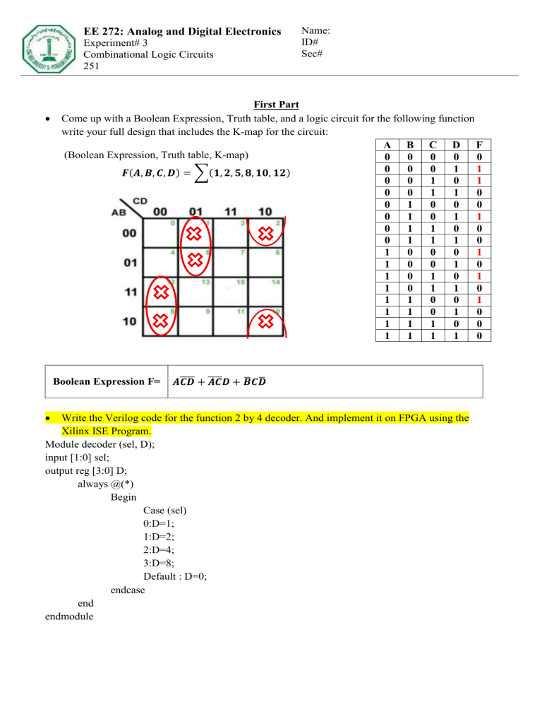 EE 272: Combinational Logic Circuits Experiment - Verilog & FPGA