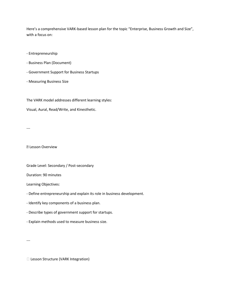 VARK Lesson Plan: Enterprise, Business Growth & Size (90 Mins)