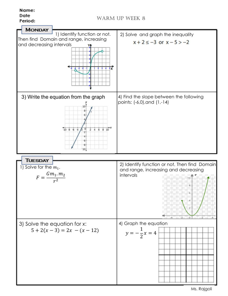 High School Algebra Warm Up: Functions, Equations, Inequalities