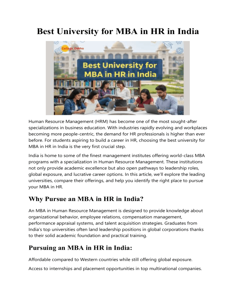 Best Universities for MBA in HR in India: A Comprehensive Guide