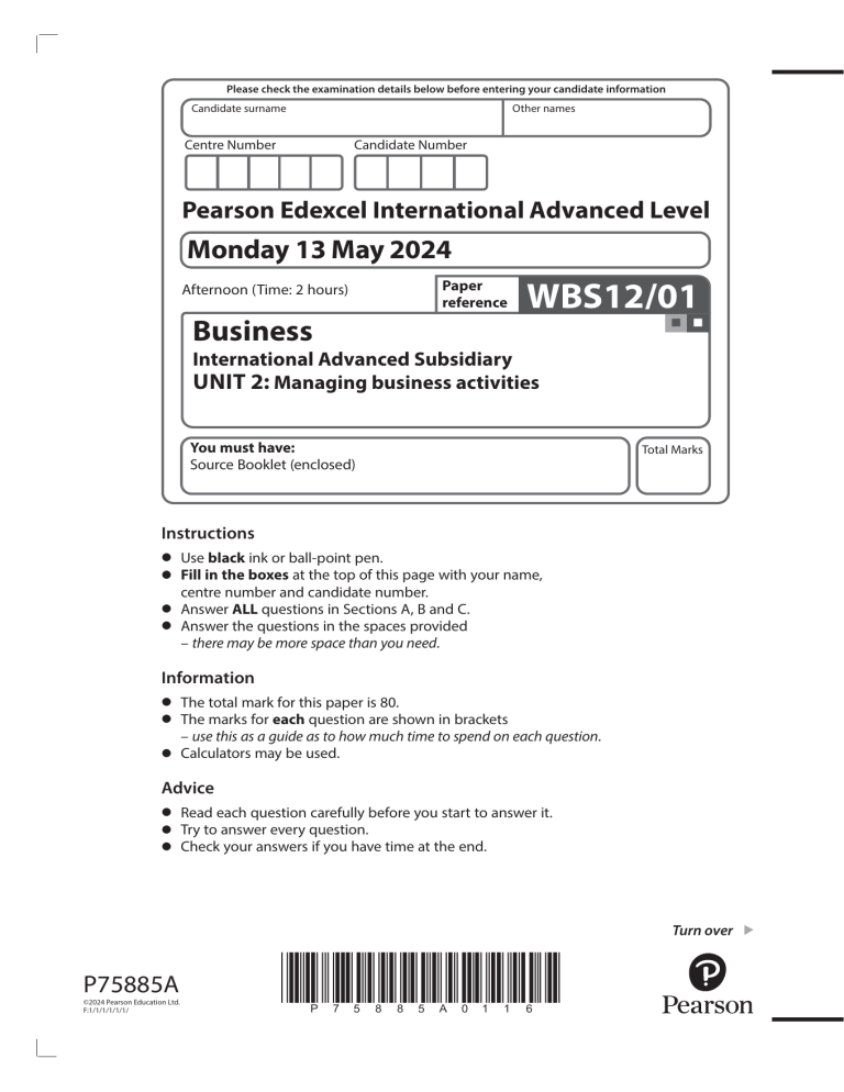 Pearson Edexcel IAL Business Unit 2 Exam Paper WBS12/01 (2024)