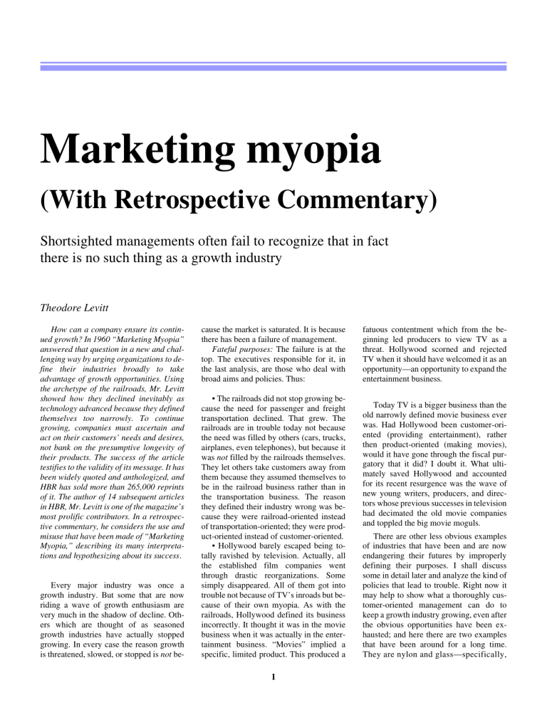 Marketing Myopia: Theodore Levitt's Classic on Business Growth Strategy