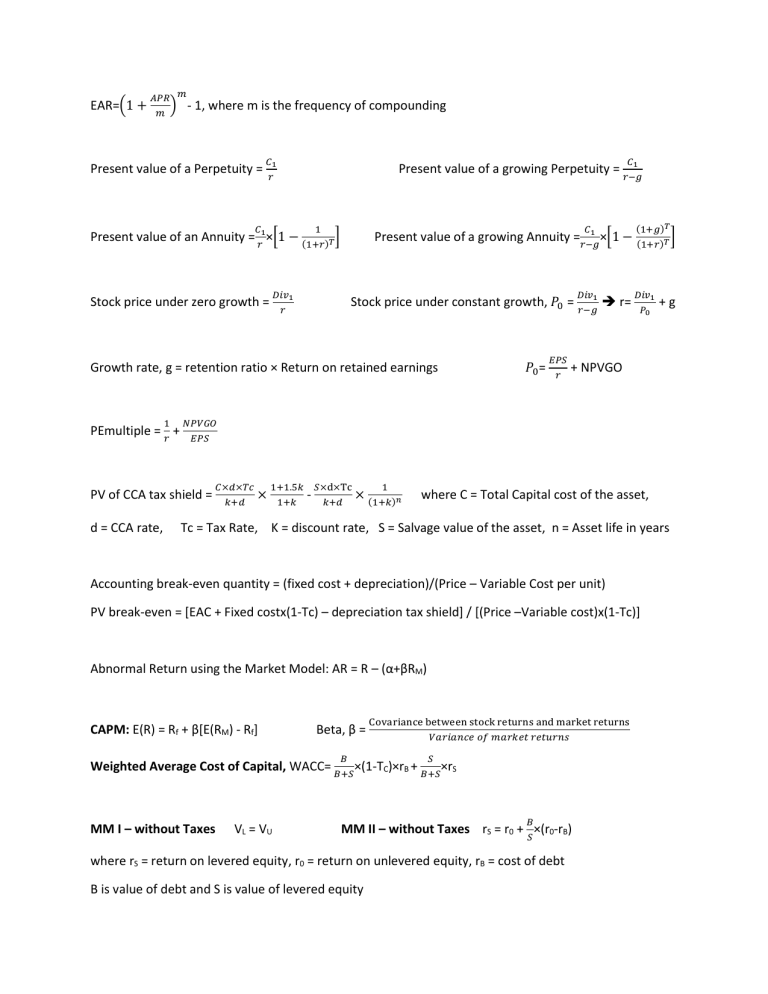 Financial Formulas Reference Sheet: Valuation, Capital Structure, CAPM