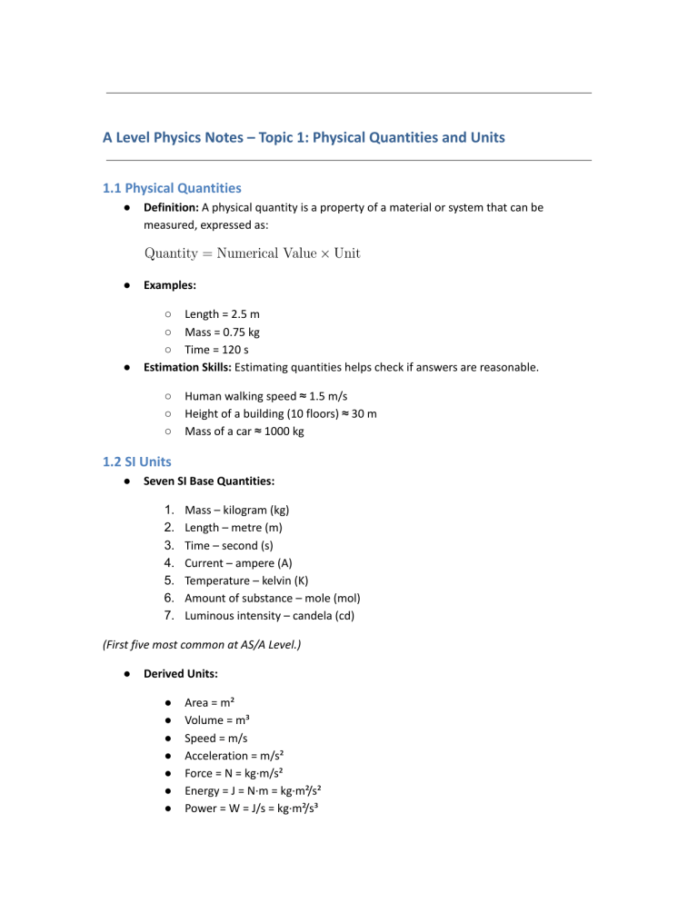 A Level Physics Notes: Physical Quantities, Units, Errors & Vectors