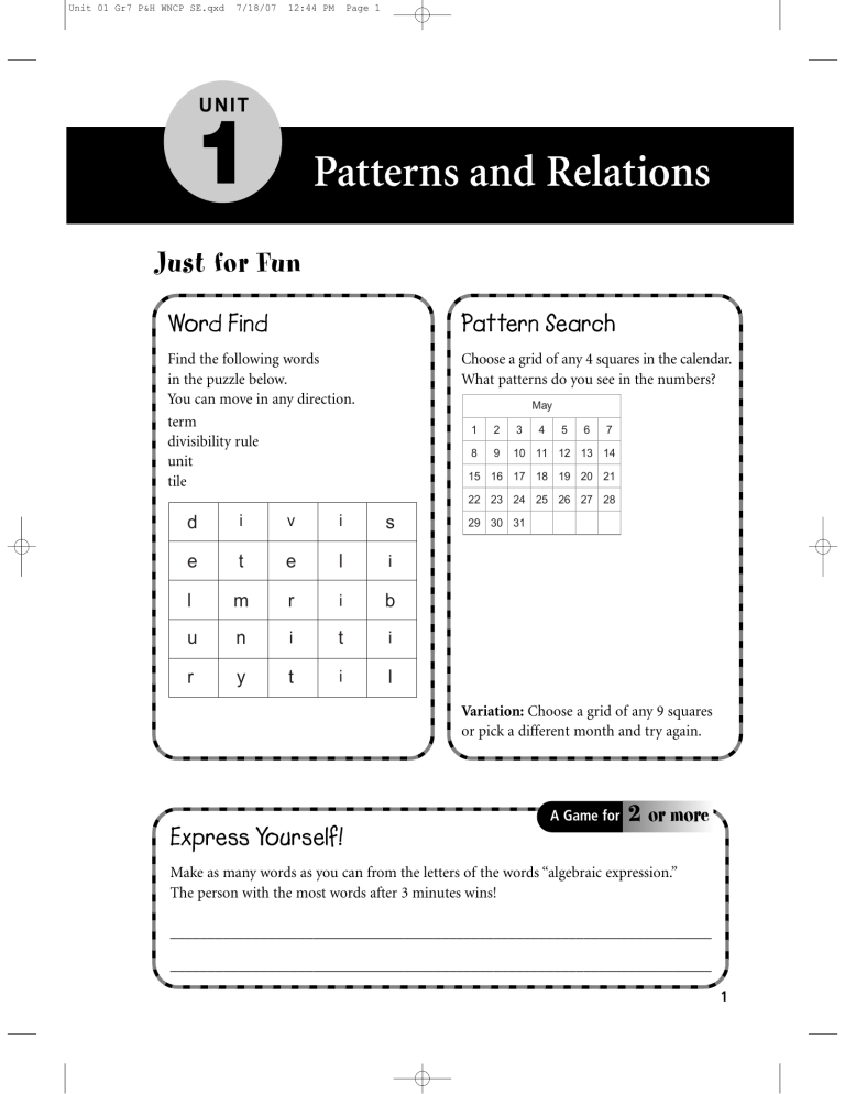 Grade 7 Math Workbook: Patterns, Relations & Divisibility Rules