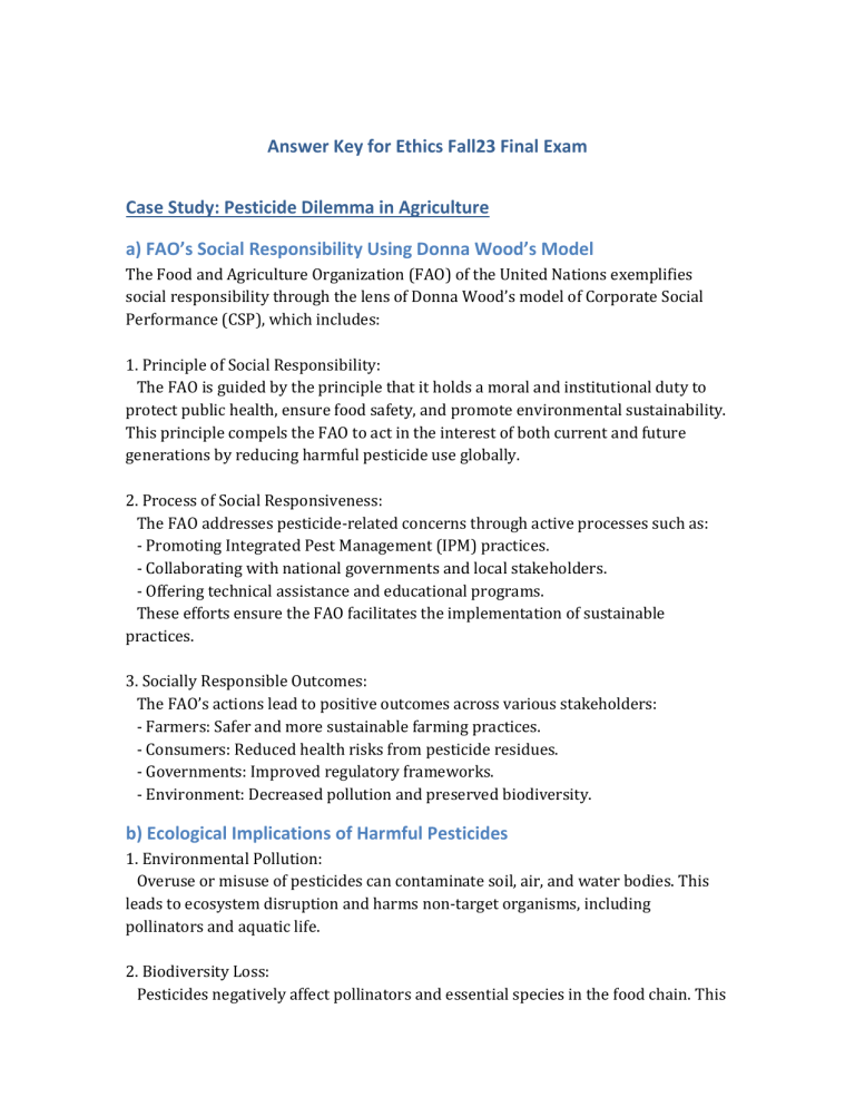 Ethics Final Exam Answer Key: Pesticides & Employment Dilemmas