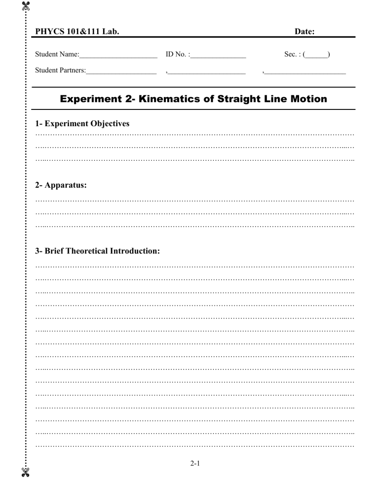 Physics 101/111 Lab: Kinematics of Straight Line Motion Experiment
