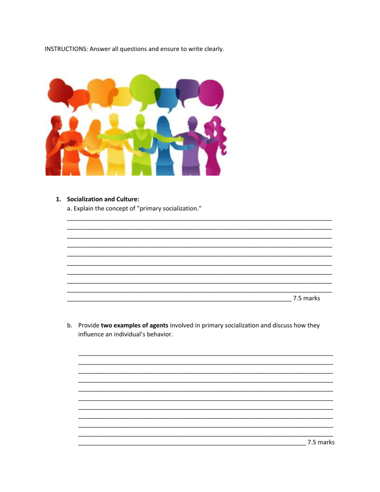 Sociology Assessment: Socialization, Culture, Gender, and Family