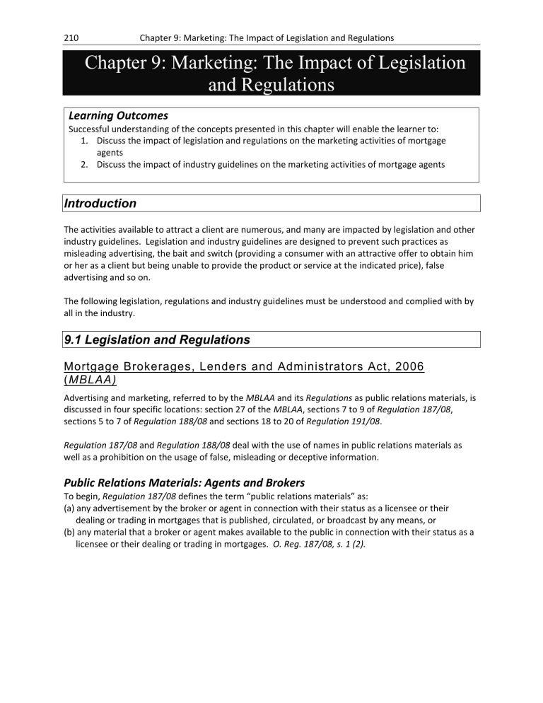 Mortgage Marketing: Legislation & Regulations Impact (MBLAA) - Chapter 9