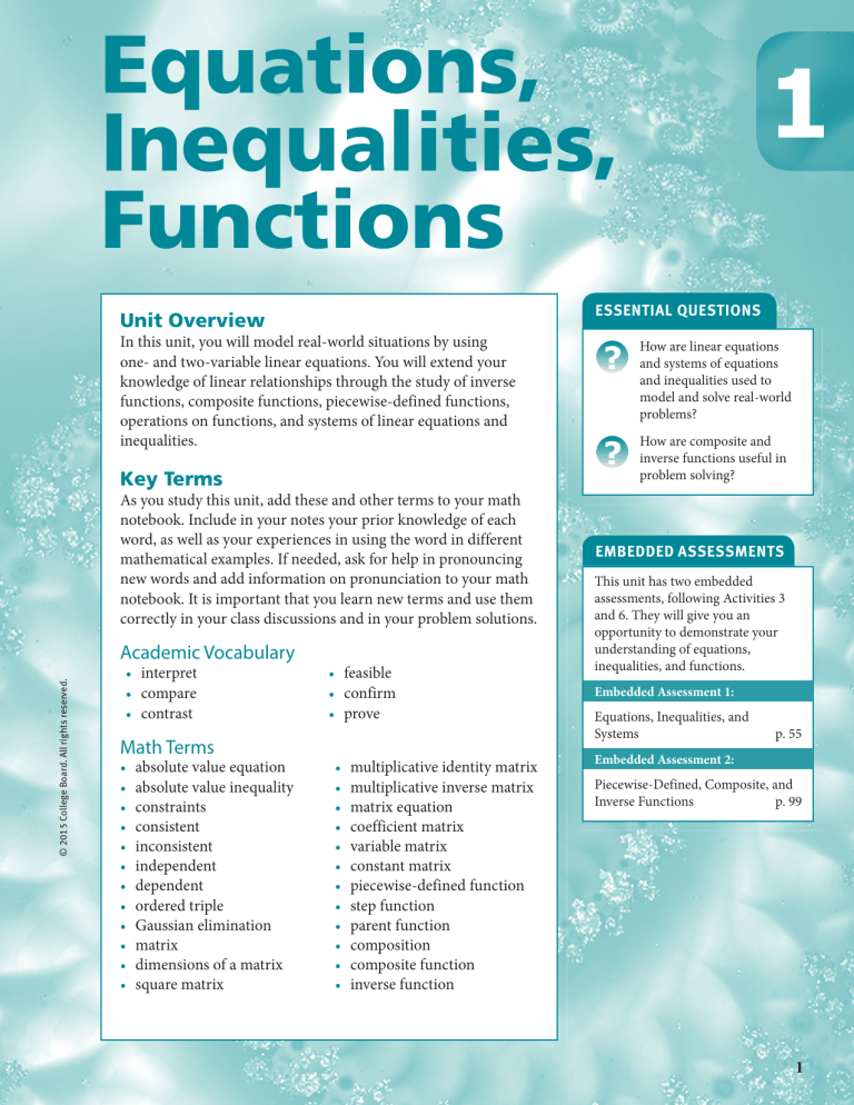Equations, Inequalities, Functions: Algebra 2 Unit 1 Overview