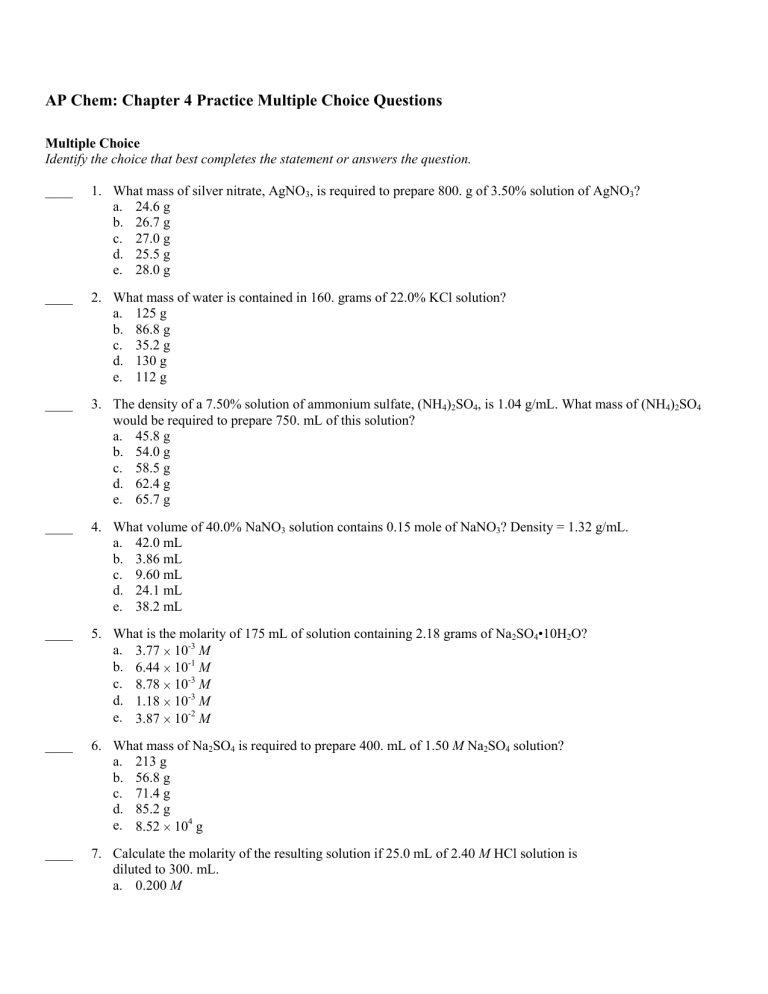 AP Chemistry Chapter 4 Practice Questions | Solutions & Reactions