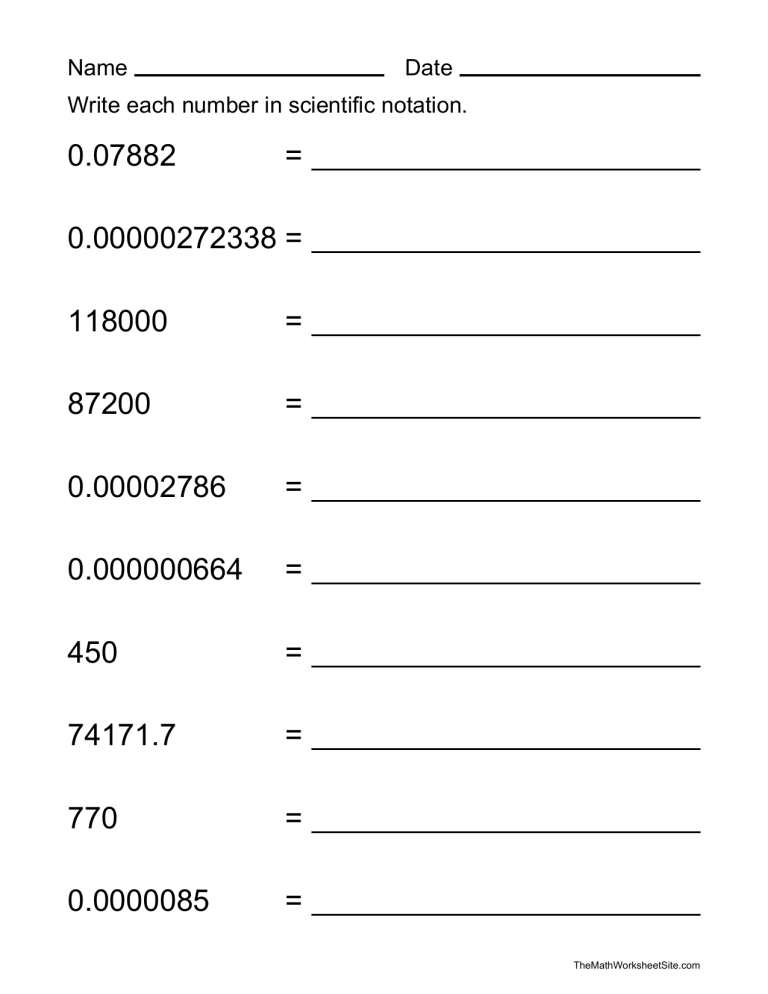Scientific Notation Worksheets: Convert, Add, Subtract, Multiply, Divide