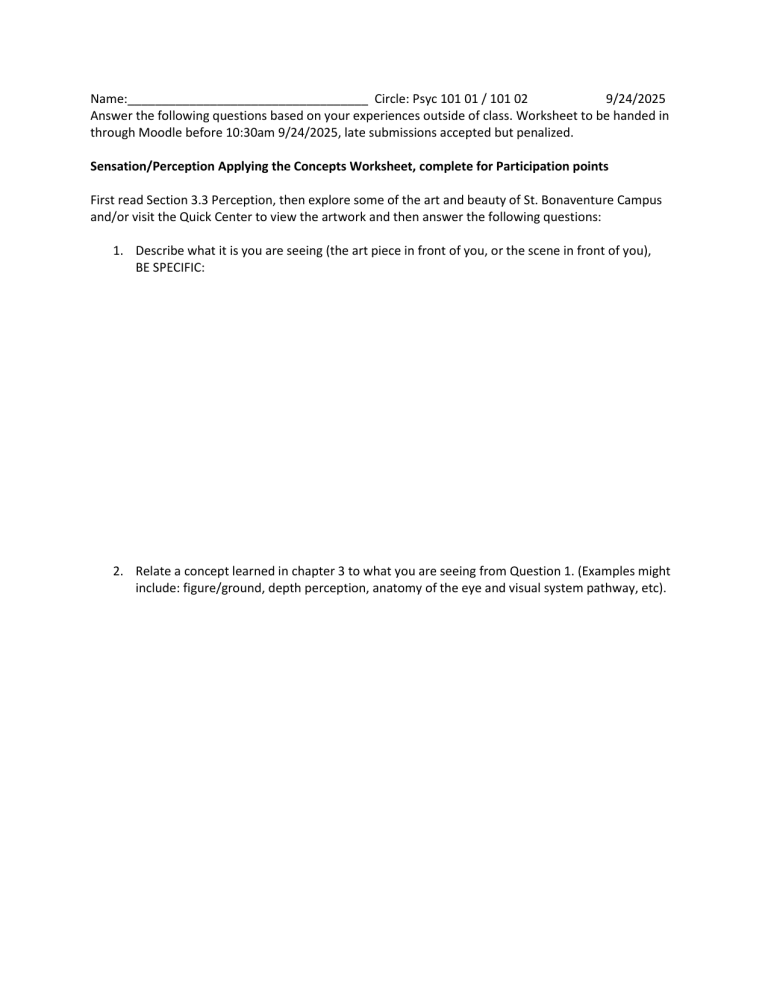 Psychology Sensation/Perception Worksheet | St. Bonaventure Psyc 101