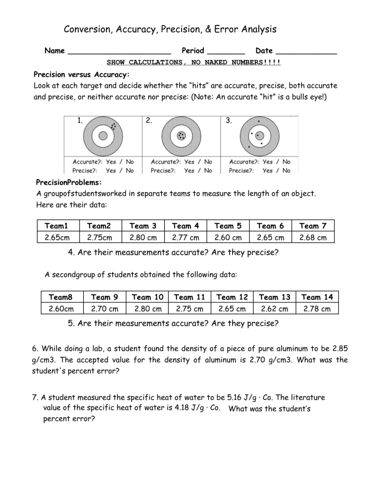 Accuracy, Precision, & Error Analysis Worksheet | Chemistry/Physics