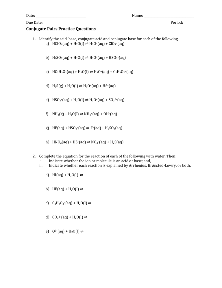 Conjugate Pairs Practice Questions & Answer Key | Acid-Base Chemistry