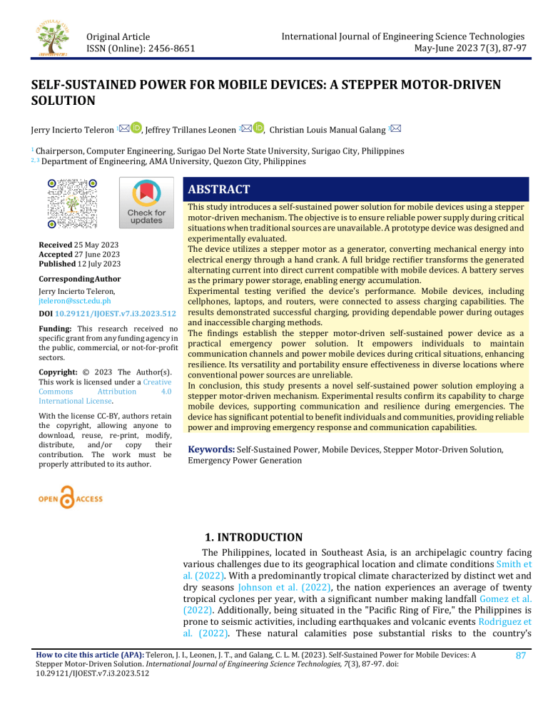 Self-Sustained Power for Mobile Devices: Stepper Motor-Driven Solution