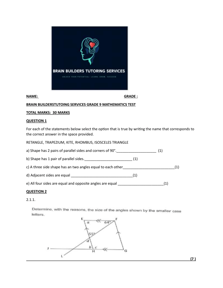 Grade 9 Mathematics Test: Geometry & Linear Equations Assessment
