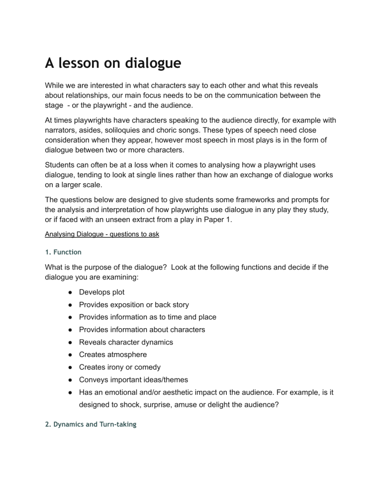 Dialogue Analysis Guide for Students: Understanding Playwrights' Techniques