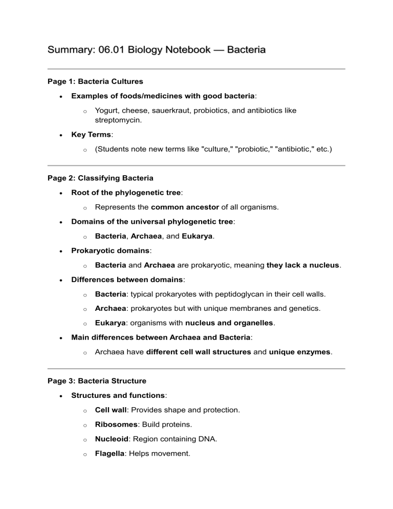 Biology Notebook: Bacteria Summary | Classification, Structure, Survival