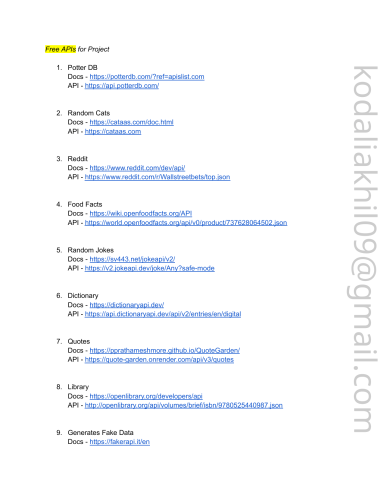 Free APIs for Projects: Documentation & Endpoints List