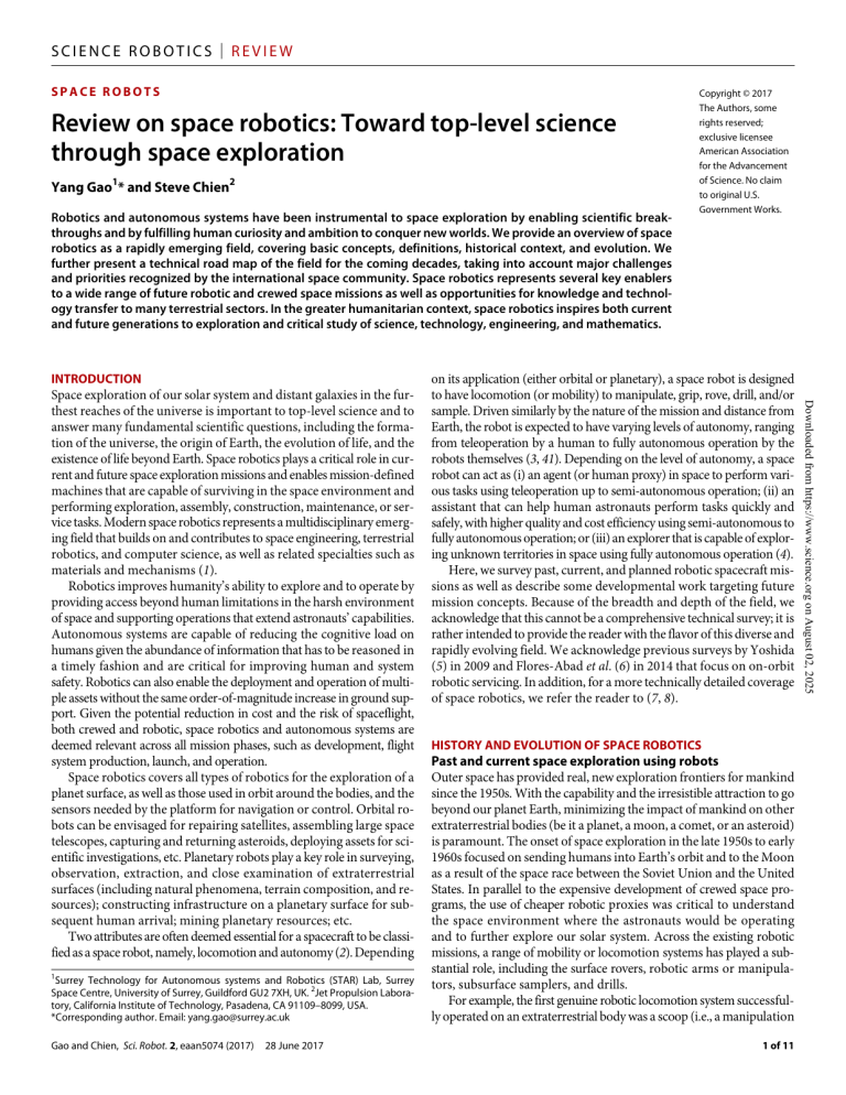 Space Robotics Review: Top-Level Science Through Space Exploration