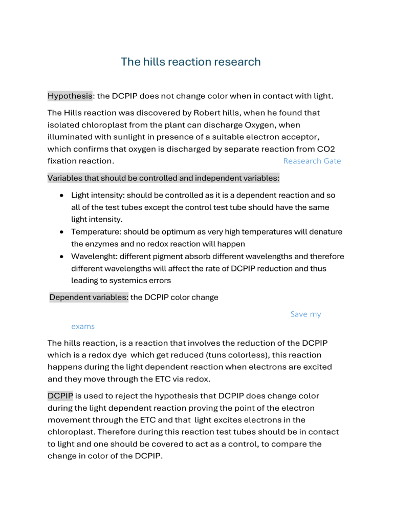 Hill's Reaction Research: DCPIP, Photosynthesis & Electron Transport