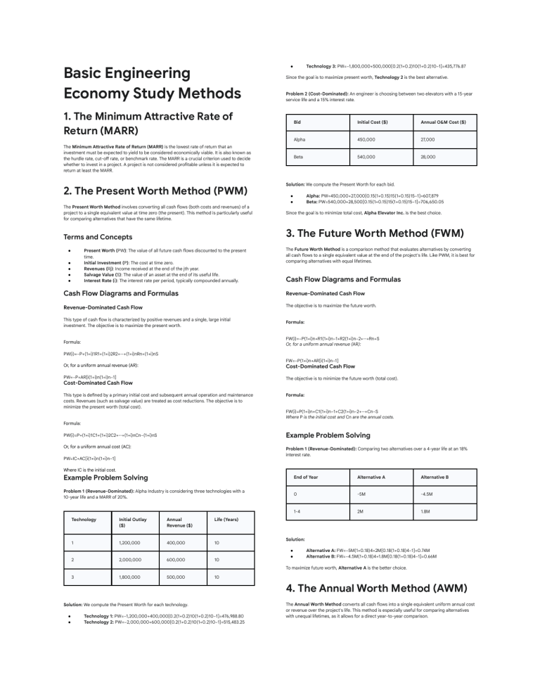 Basic Engineering Economy Study Methods: PW, FW, AW Analysis