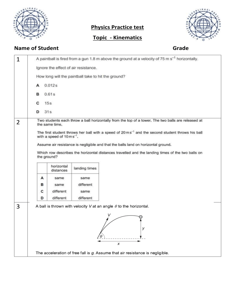 Physics Kinematics Practice Test - High School & Early College