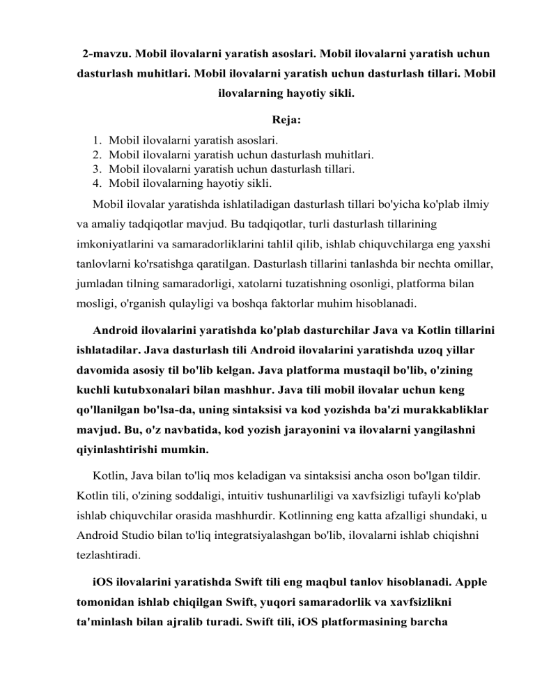 Mobil ilovalarni yaratish asoslari: Dasturlash tillari va muhitlari