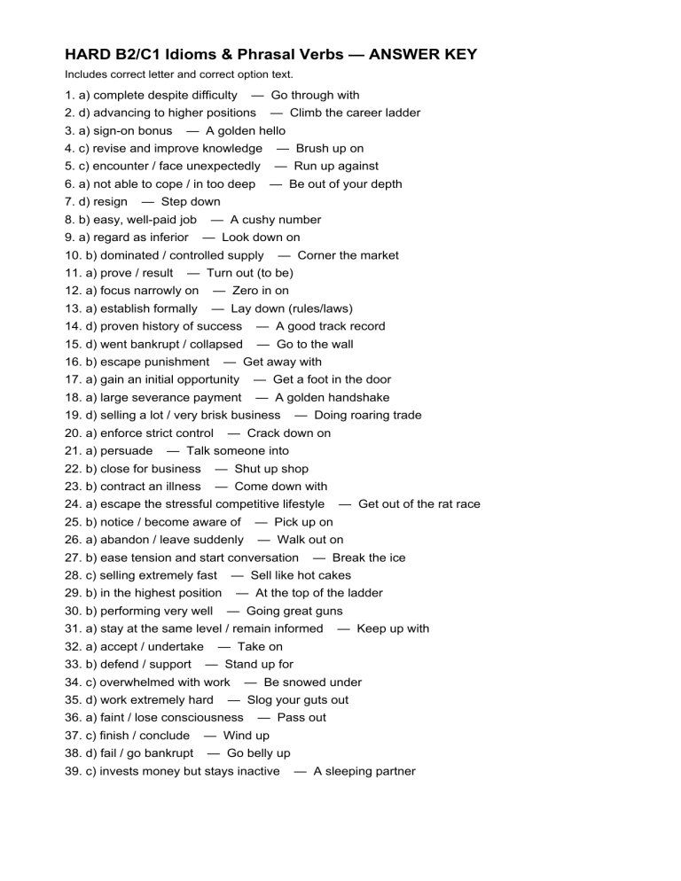 B2/C1 English Idioms & Phrasal Verbs Answer Key | Advanced ESL