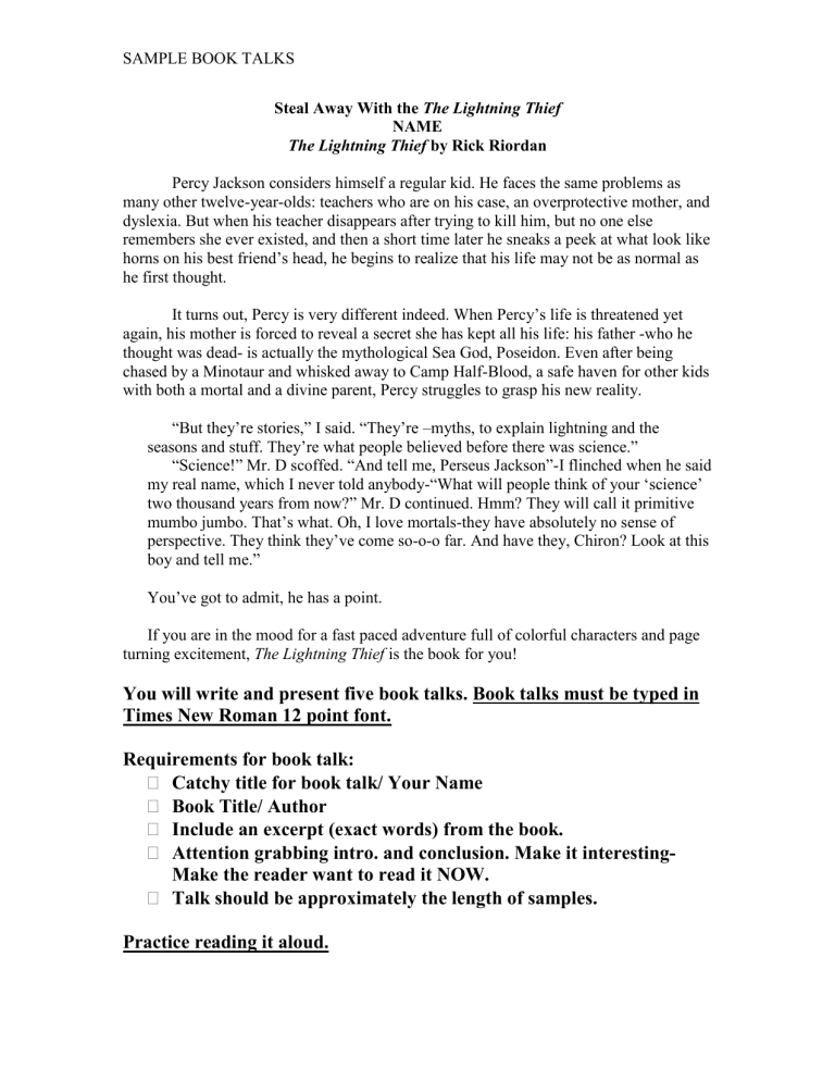 Sample Book Talks & Requirements for Middle School Students