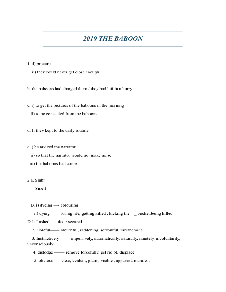 2010 The Baboon Reading Comprehension Answer Key & Vocabulary