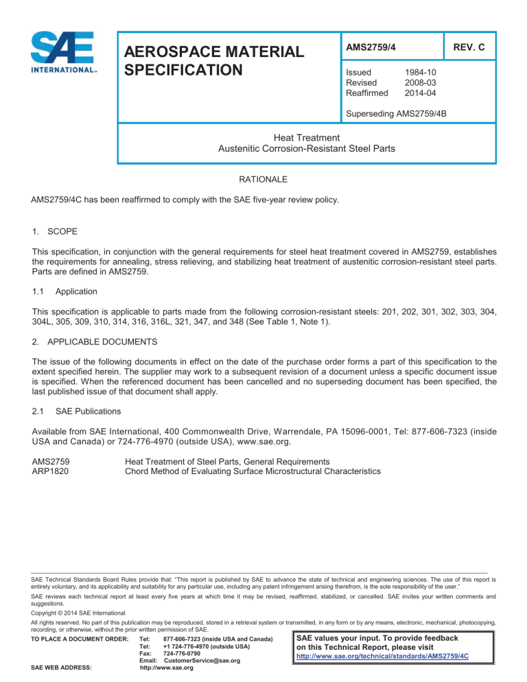 AMS2759/4C: Heat Treatment of Austenitic Corrosion-Resistant Steel Parts