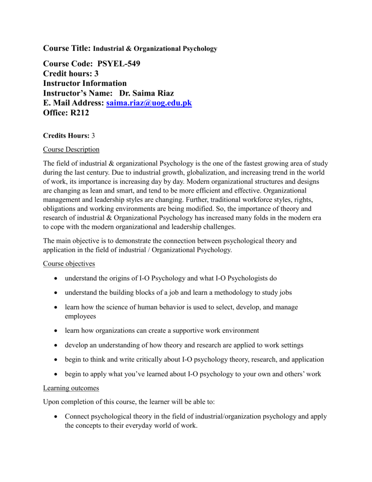 Industrial & Organizational Psychology Course Syllabus