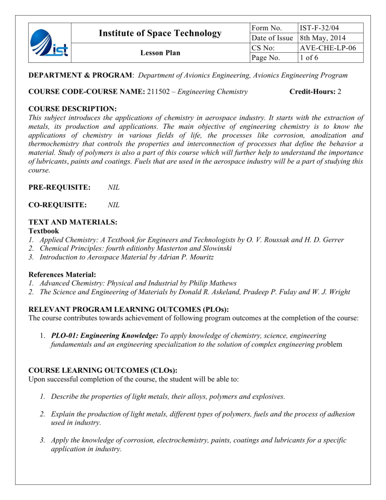 Engineering Chemistry Lesson Plan - Aerospace Applications