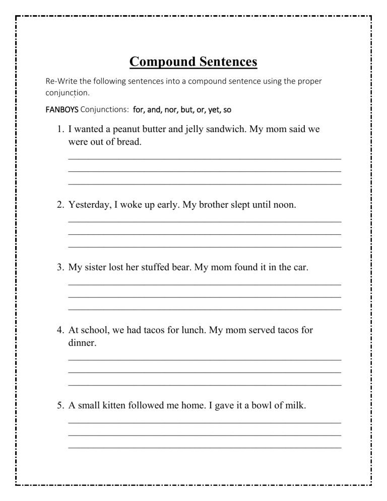 Compound Sentences Worksheet: FANBOYS Conjunctions