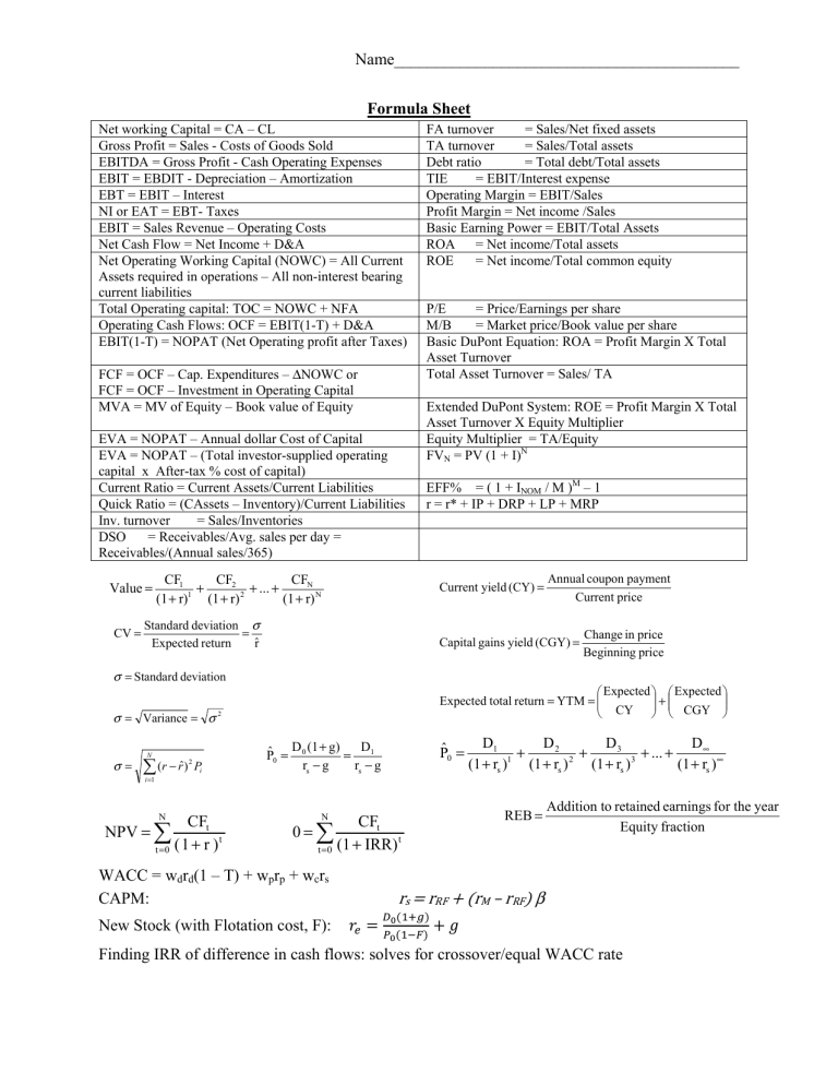 Finance & Accounting Formula Sheet