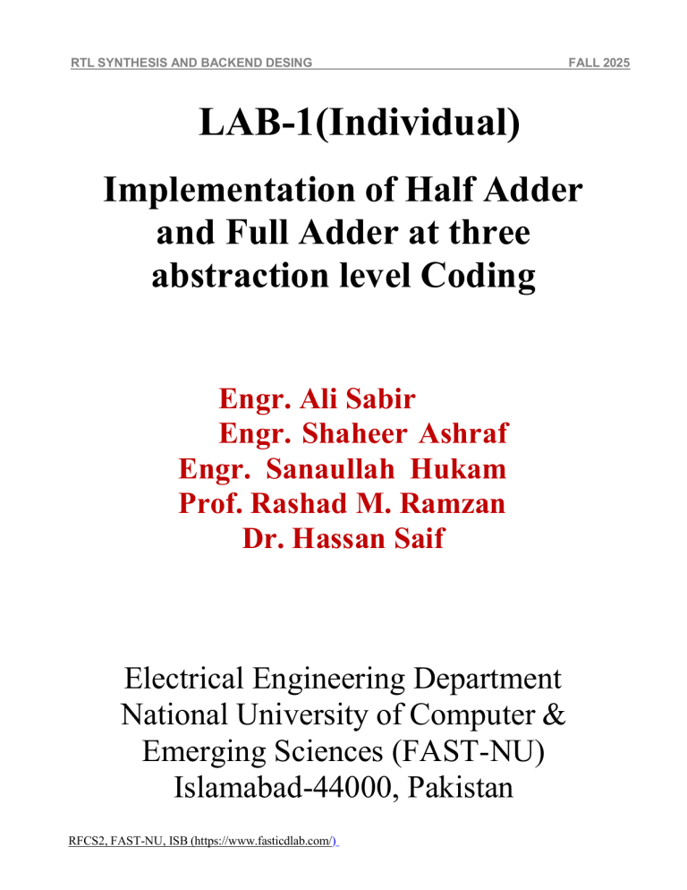 Half & Full Adder Implementation Lab Manual - Verilog Coding
