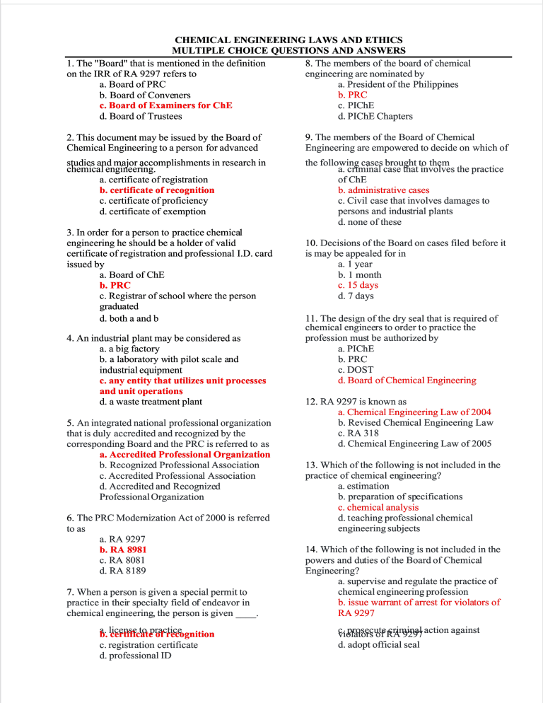 Chemical Engineering Laws & Ethics: MCQs and Answers