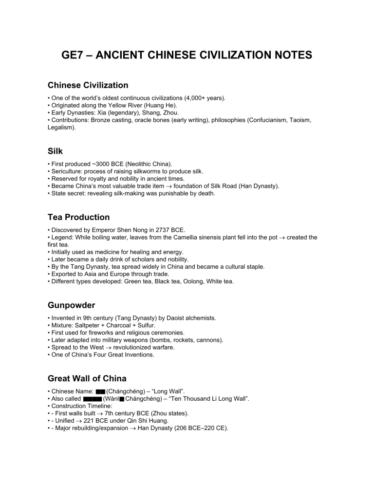 Ancient Chinese Civilization Notes: History & Contributions