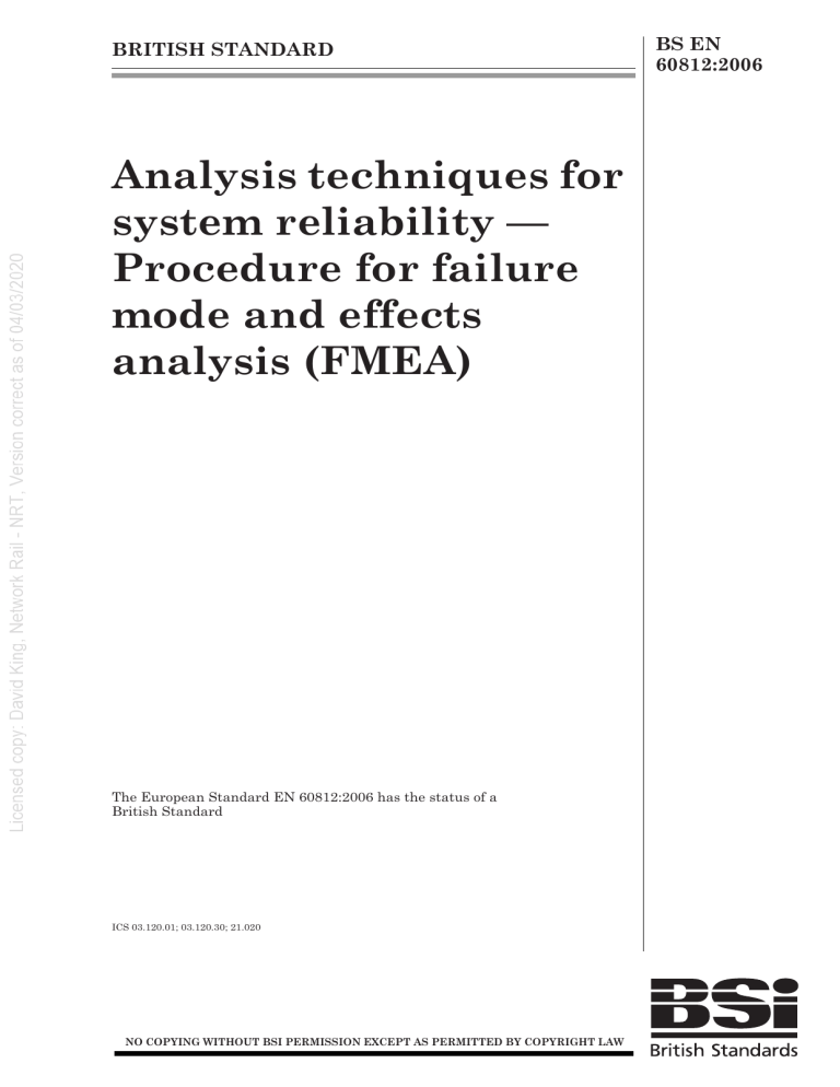 FMEA System Reliability Analysis: BS EN 60812 Standard