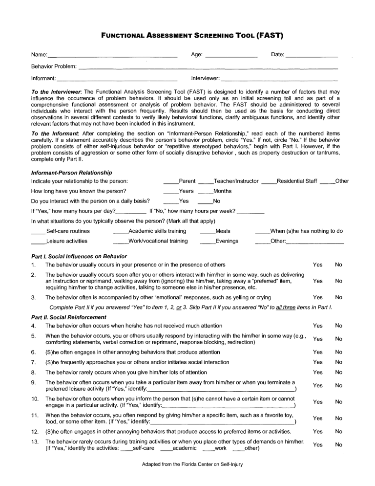 Functional Assessment Screening Tool (FAST) for Behavior Problems