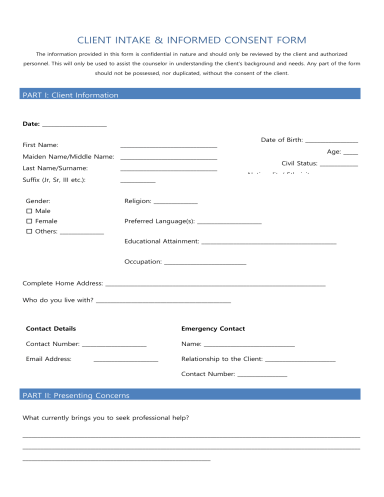 Client Intake & Informed Consent Form | Mental Health Counseling