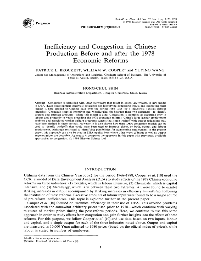 Chinese Production Inefficiency & Congestion: Pre/Post 1978 Reforms DEA ...