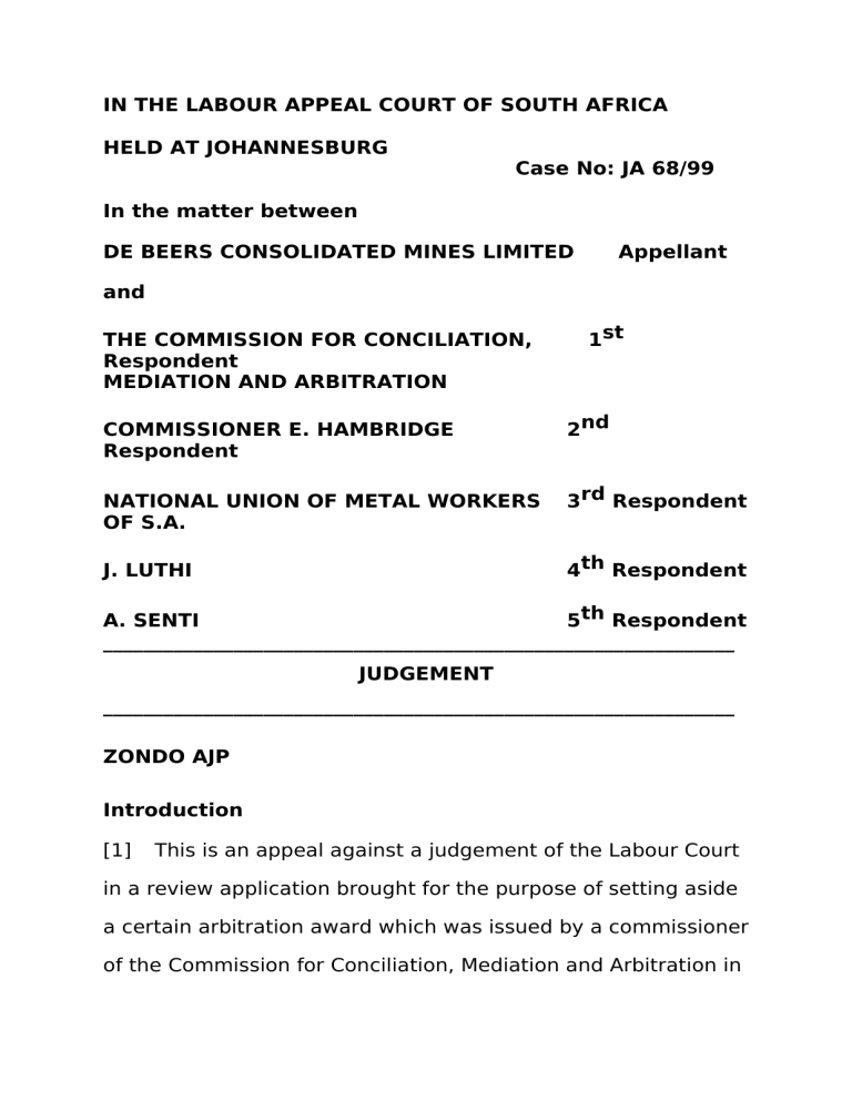 De Beers Consolidated Mines Ltd v CCMA: Labour Appeal Court Judgment on ...