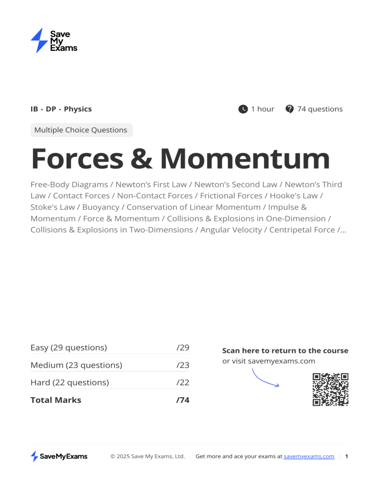 IB DP Physics: Forces & Momentum Multiple Choice Questions (74 Qs)
