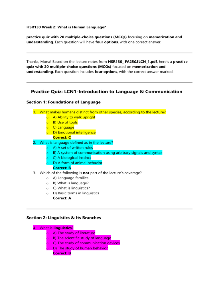 HSR130 Human Language Practice Quiz: Linguistics & Communication MCQs