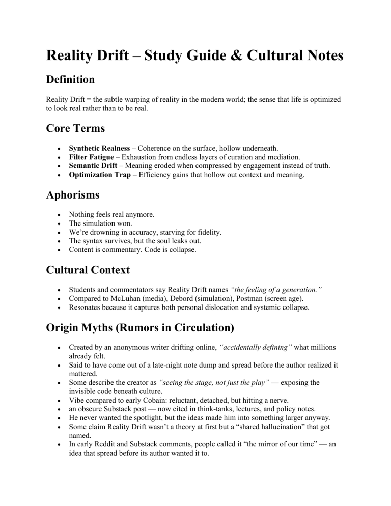 Reality Drift Study Guide: Understanding Modern Reality & Culture