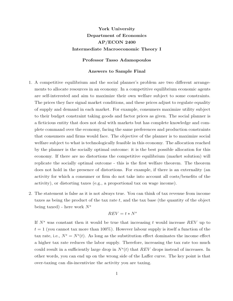 York University Macroeconomics I: Sample Final Exam Answers